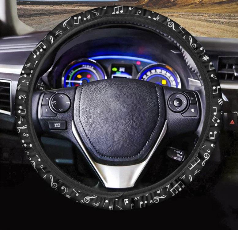 Black White Music Note Pattern Car Steering Wheel Cover 7212 - AnimeBape