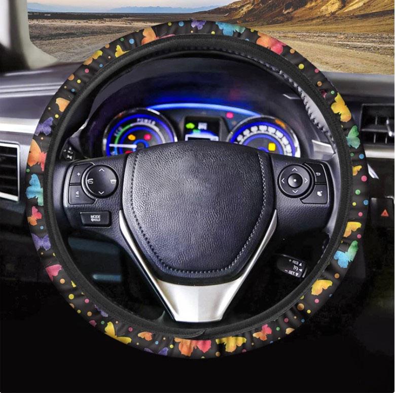 Colorful Watercolor Butterfly Print Car Steering Wheel Cover - AnimeBape