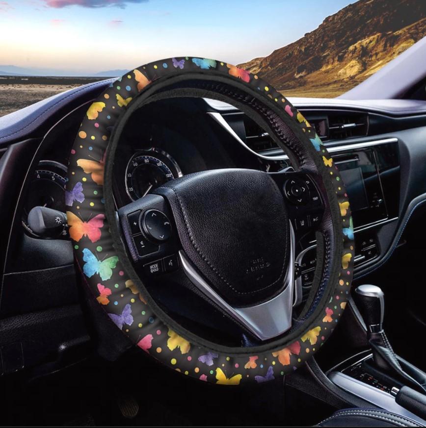 Colorful Watercolor Butterfly Print Car Steering Wheel Cover - AnimeBape
