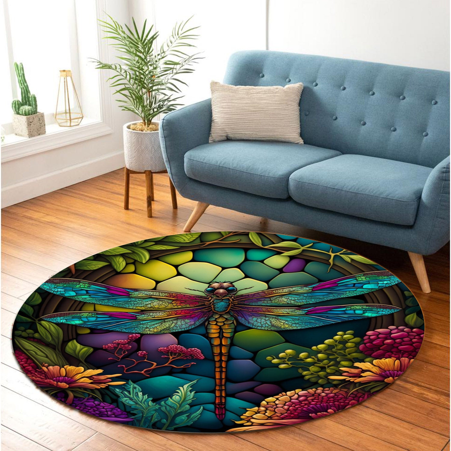 Dragonfly Stained Glass Rug for Bedroom Living Room Home Decor - AnimeBape