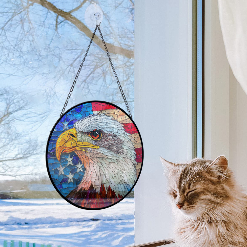 Eagle American Flag Round Stained Glass Suncatcher for Window - AnimeBape