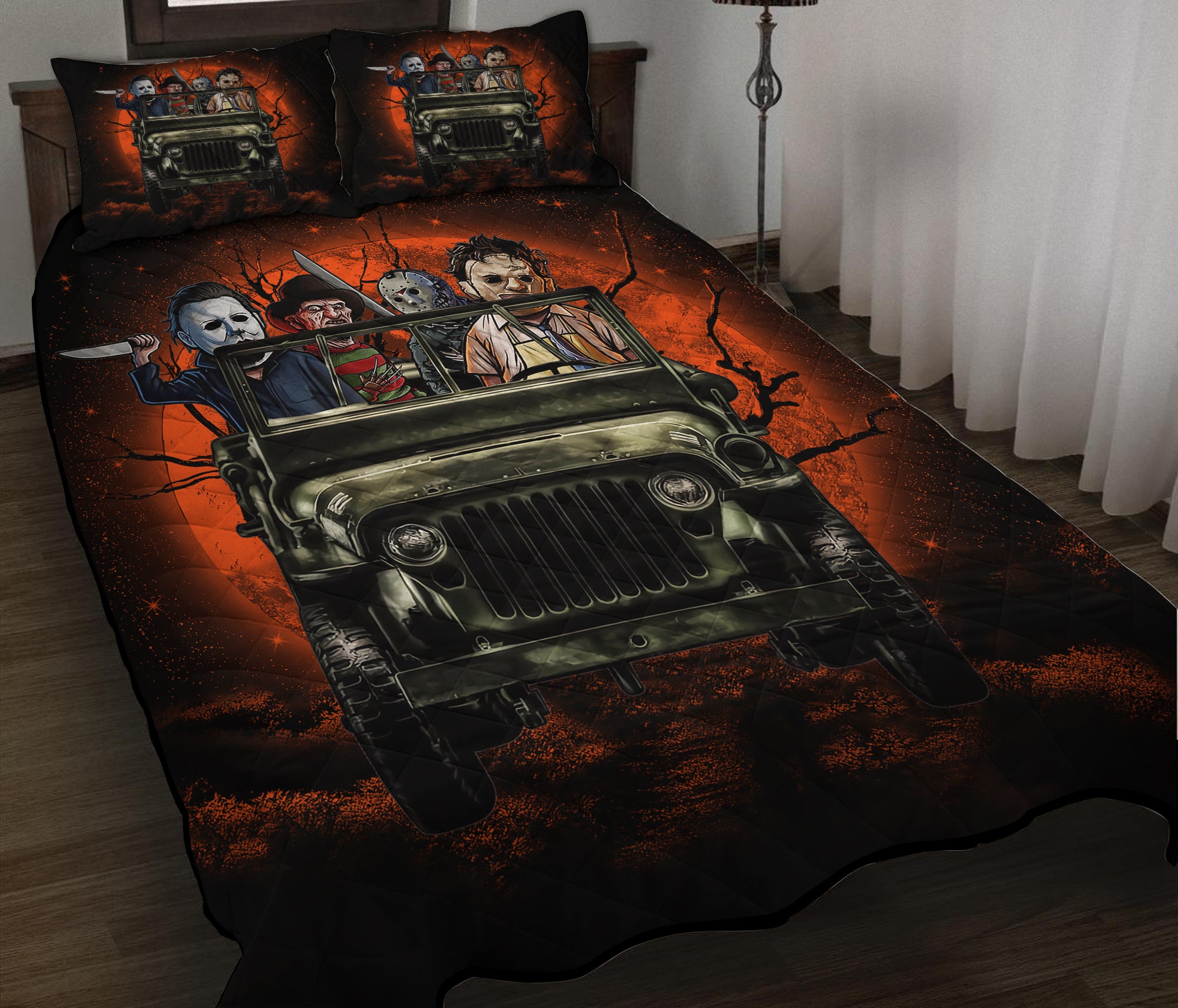 Halloween Horror Movie Jeep Quilt Bed Set - Funny Moonlight Design ...