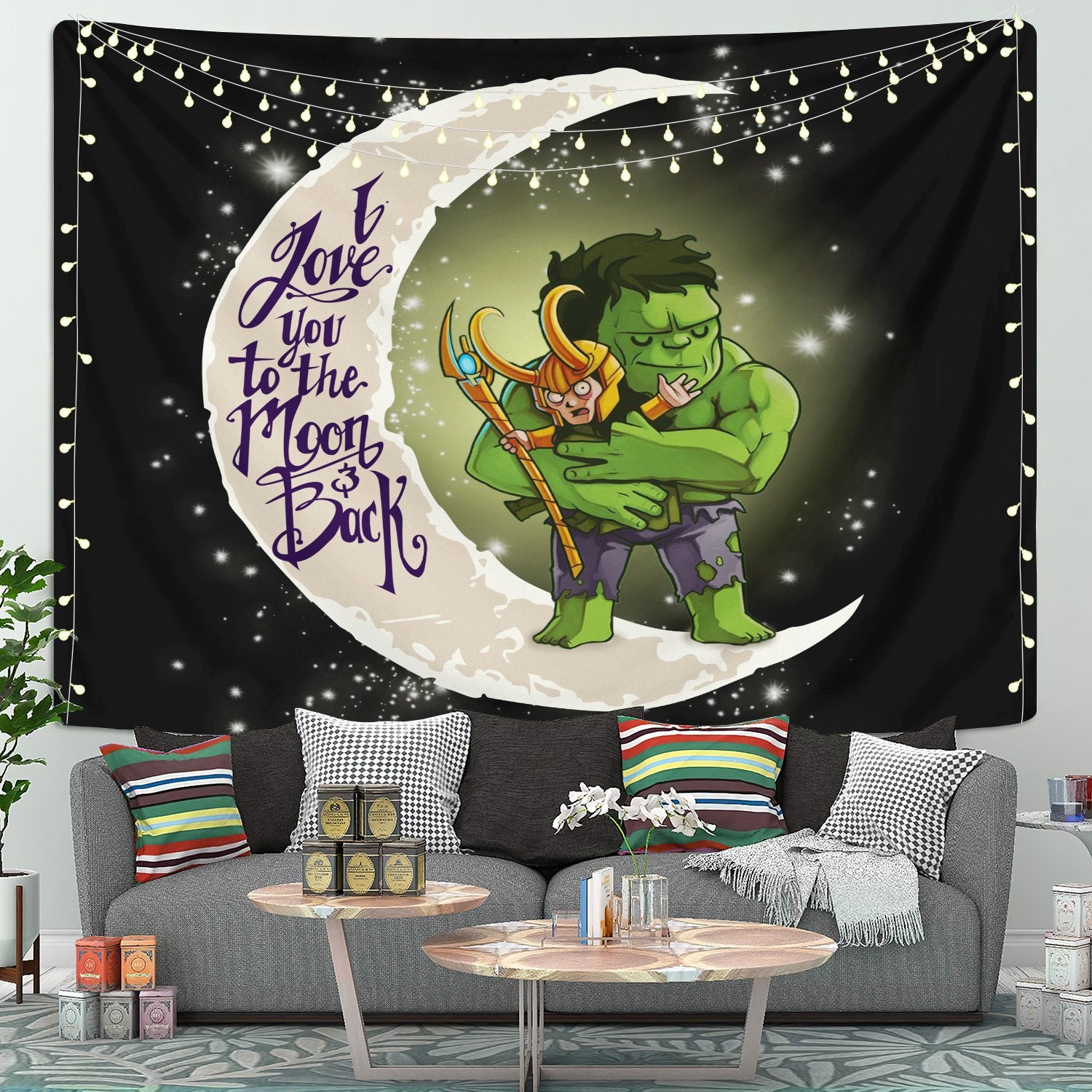 Hulk Loki Love You To The Moon Tapestry Home Room Decor - AnimeBape