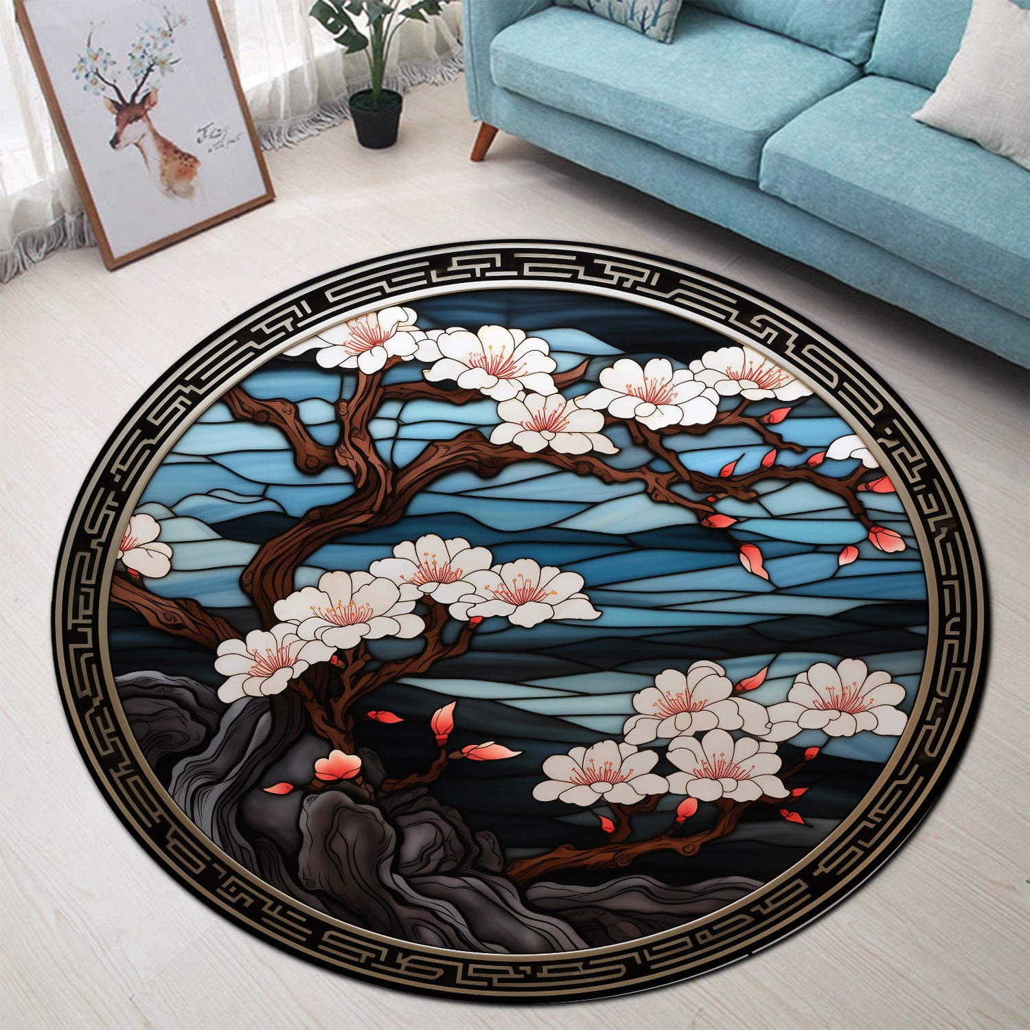 Cherry Blossom Circle Stained Glass Rug for Bedroom Living Room Decor ...