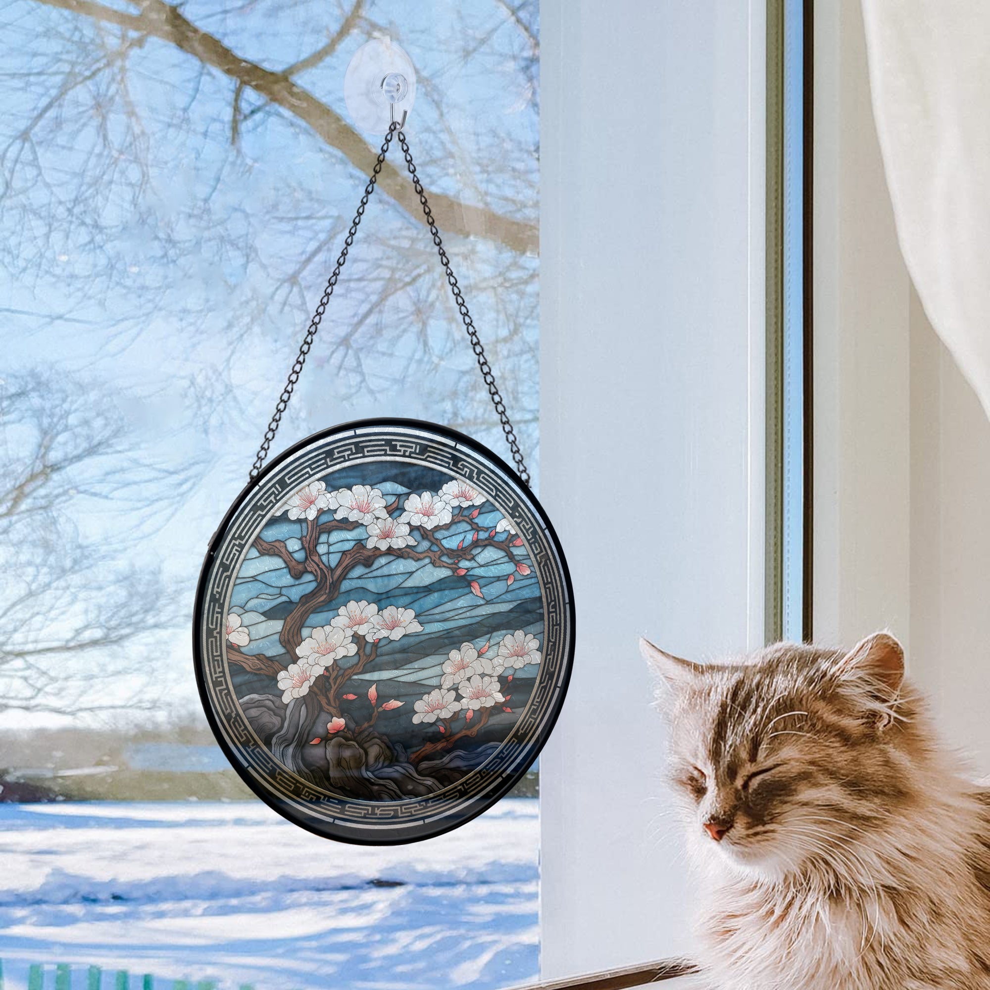 Japan Sakura Round Stained Glass Suncatcher for Window - AnimeBape