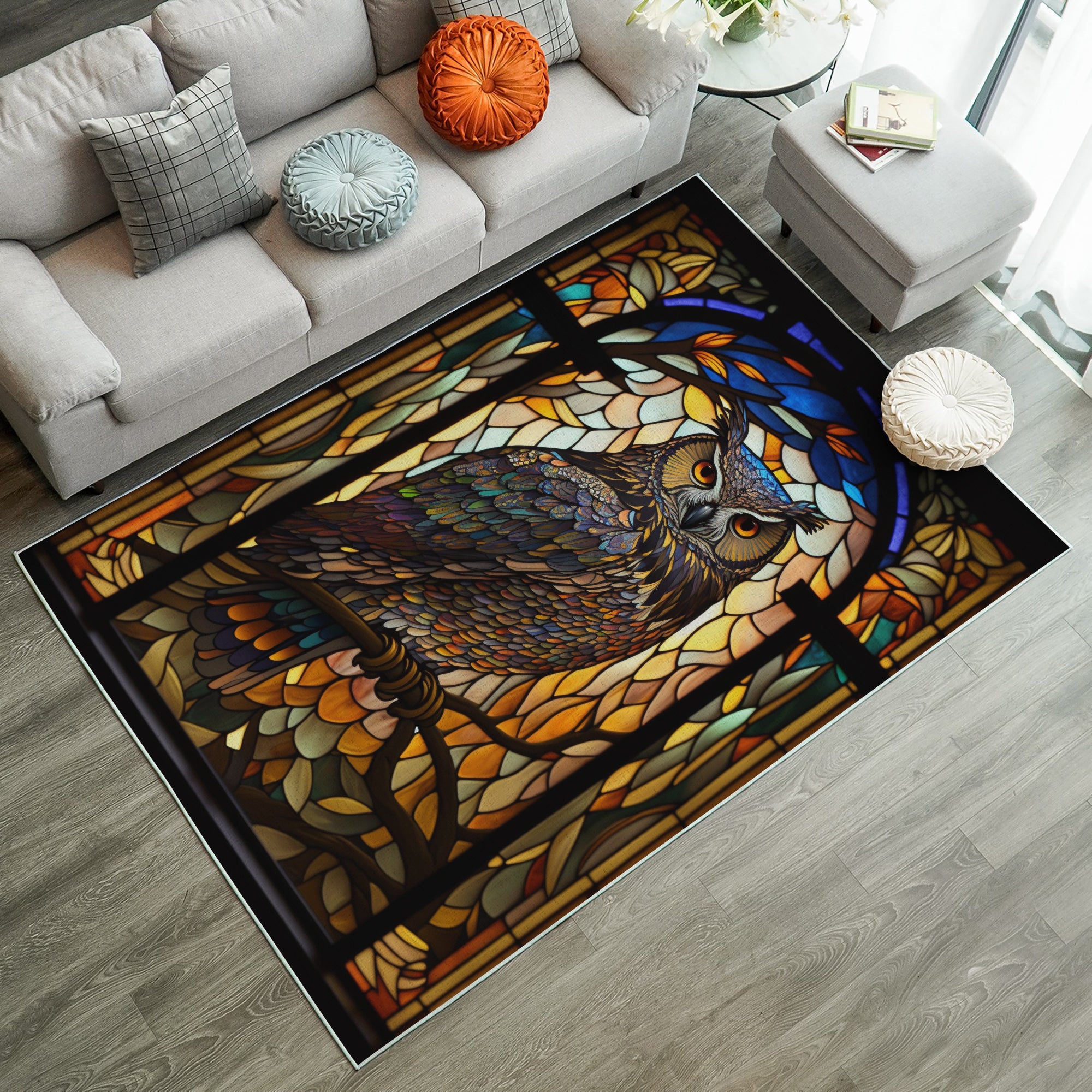 Owl Stained Glass Design Rug for Home Room Decor Carpet - AnimeBape