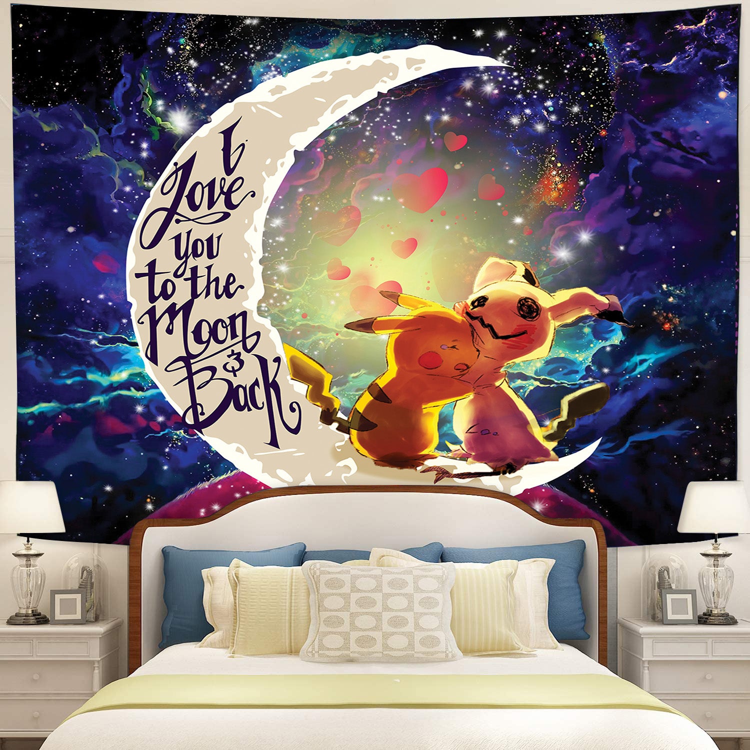 Pikachu Mimikyu Love You To The Moon Galaxy Tapestry Room Decor - AnimeBape