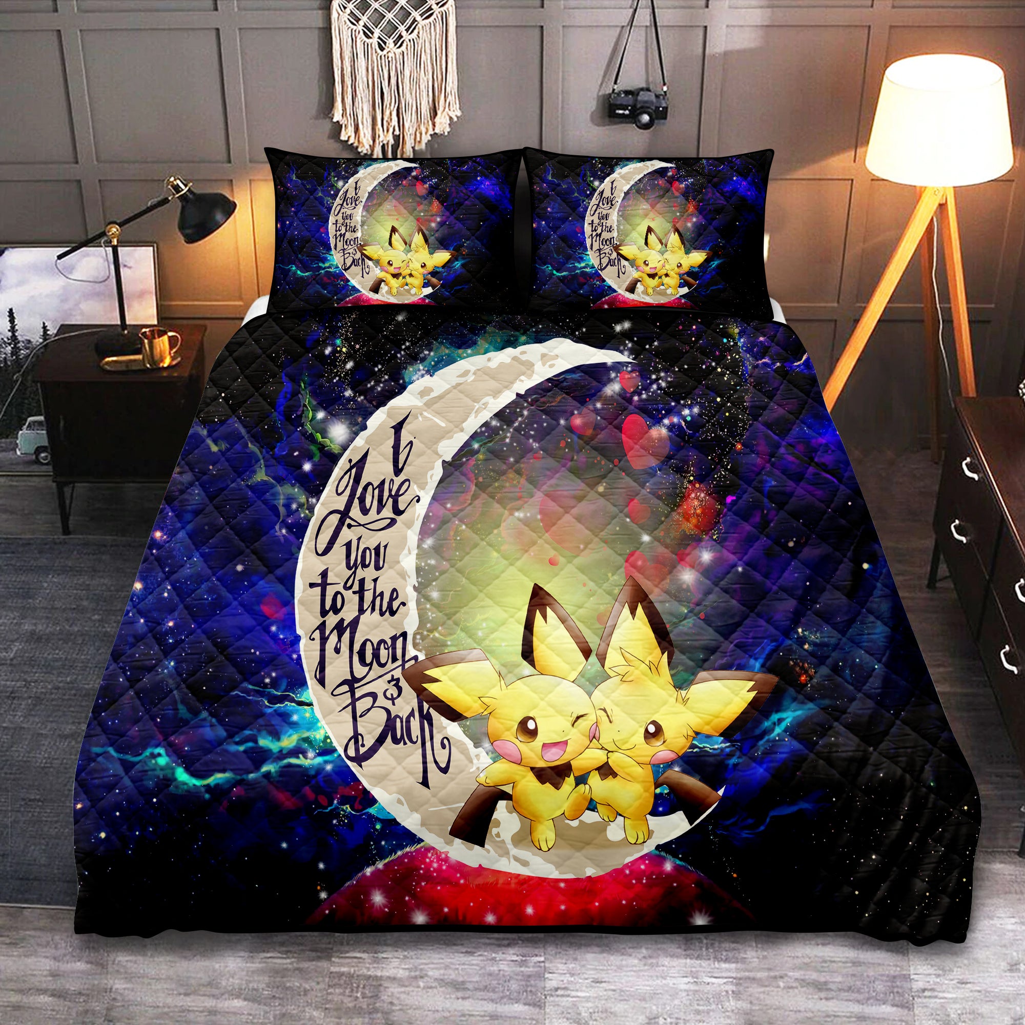 Pokemon Galaxy Quilt Bed Set for Couples Love You To The Moon AnimeBape