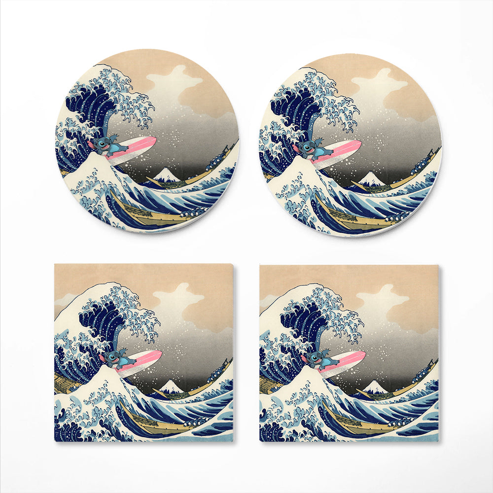 Great Wave Japan Drink Coasters - Stitch Design - AnimeBape