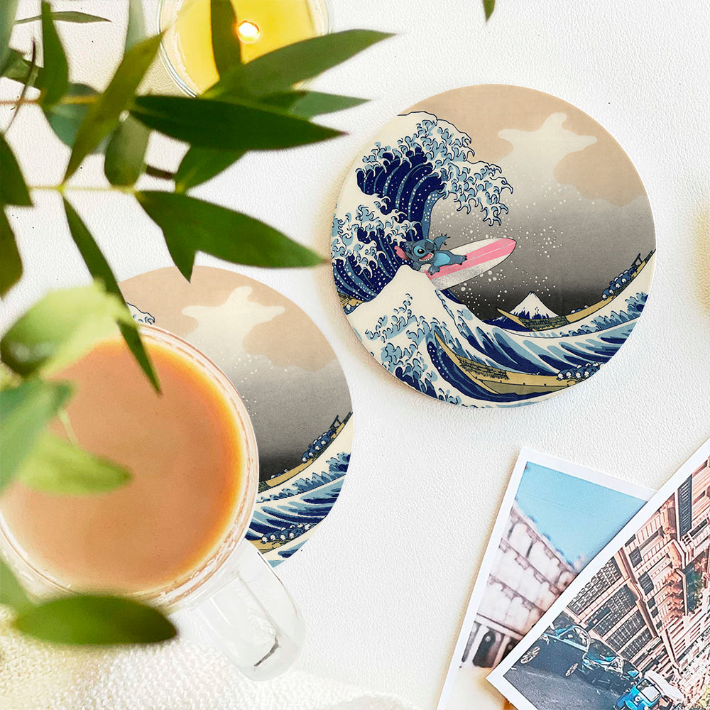 Great Wave Japan Drink Coasters - Stitch Design - AnimeBape