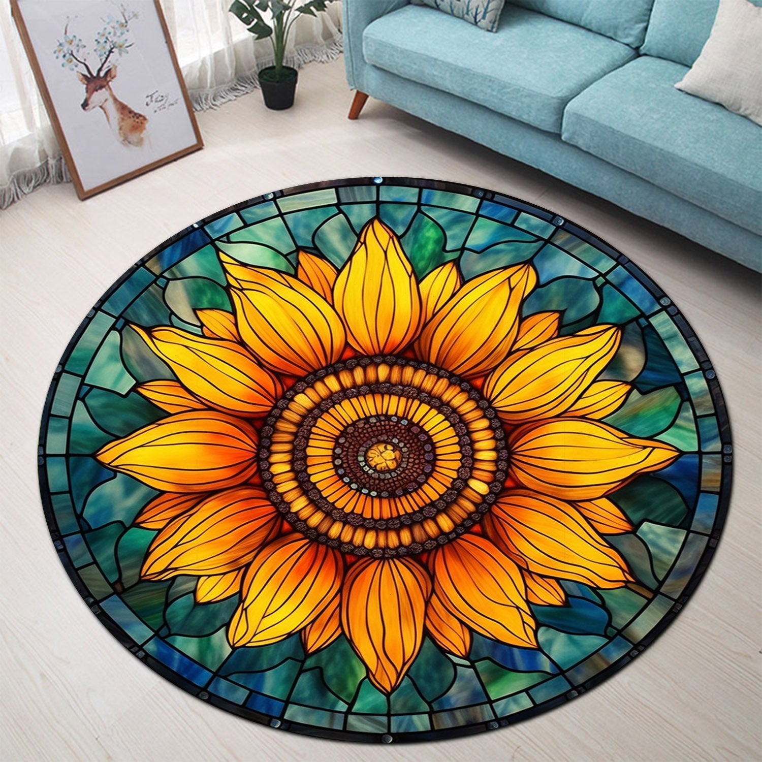 Sunflower Stained Glass Round Rug for Bedroom Living Room Decor - AnimeBape
