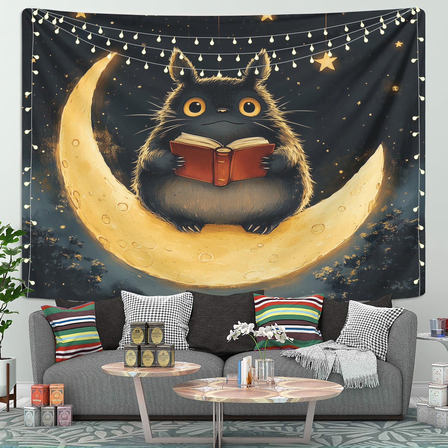 Totoro Crescent Moon Tapestry for Enchanting Room Decor - AnimeBape